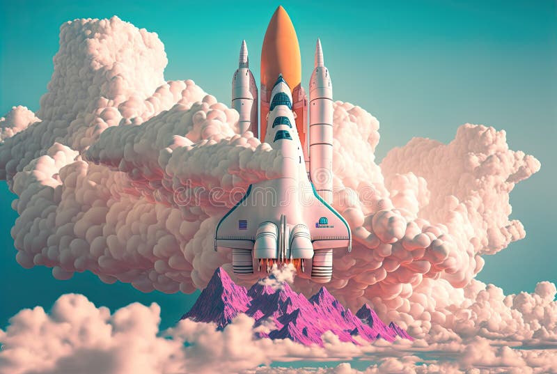 Rocket Launch in the Clouds and Flames. Space Ship Taking Off, Starting ...