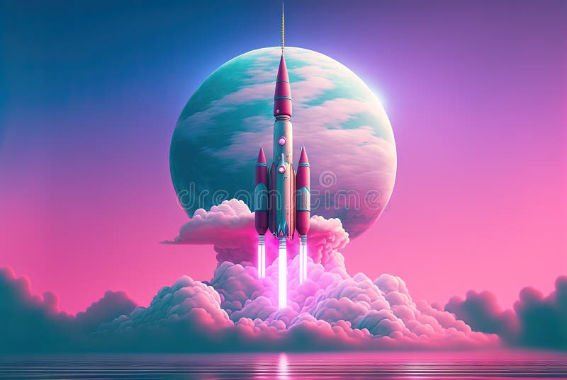 Rocket Launch in the Clouds and Flames. Space Ship Taking Off, Starting ...