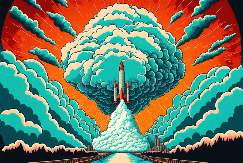 Rocket Launch in the Clouds and Flames. Space Ship Taking Off, Starting ...