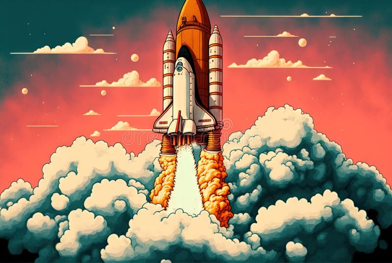 Rocket Launch in the Clouds and Flames. Space Ship Taking Off, Starting ...