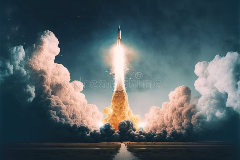 Rocket Launch in the Clouds and Flames. Space Ship Taking Off, Starting ...