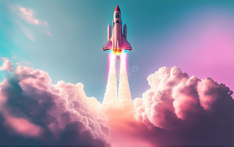 Rocket Launch in the Clouds and Flames. Space Ship Taking Off, Starting ...