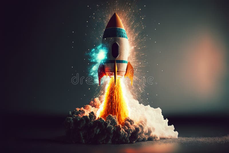 Rocket Launch in the Clouds and Flames. Space Ship Taking Off, Starting ...