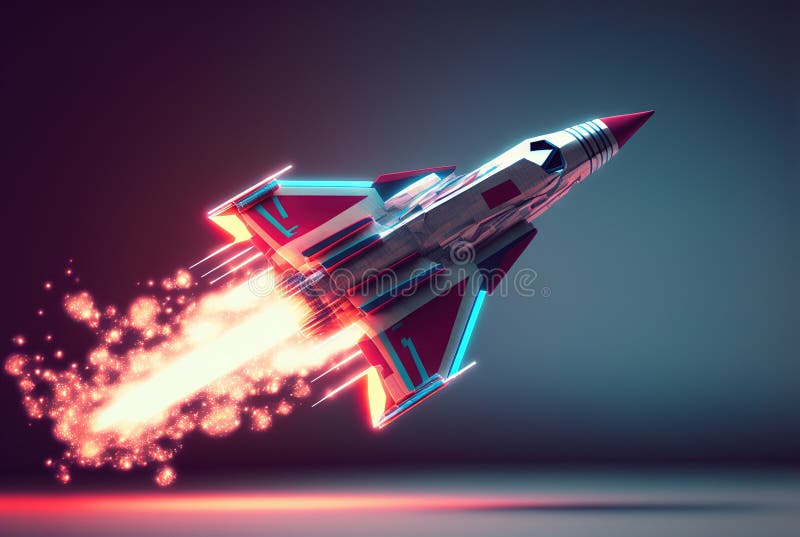 Rocket Launch in the Clouds and Flames. Space Ship Taking Off, Starting ...