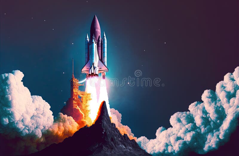 Rocket Launch in the Clouds and Flames. Space Ship Taking Off, Starting ...
