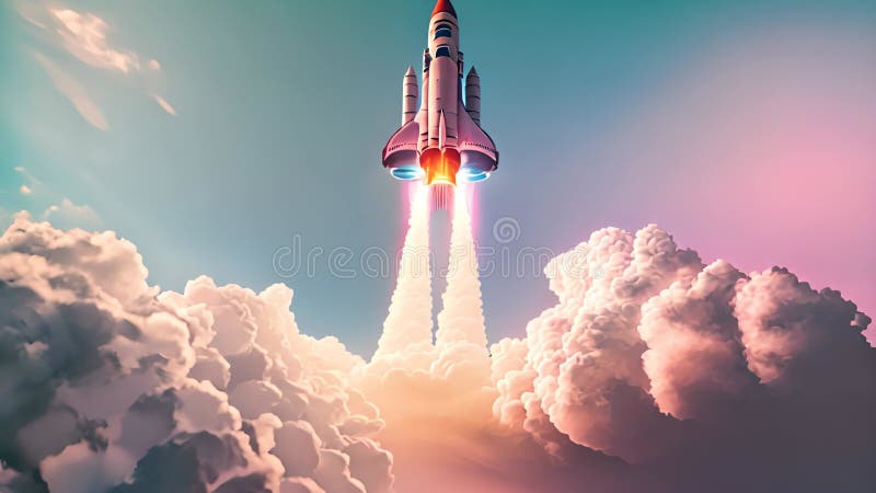 Rocket Launch in the Clouds and Flames. Space Ship Taking Off, Starting ...