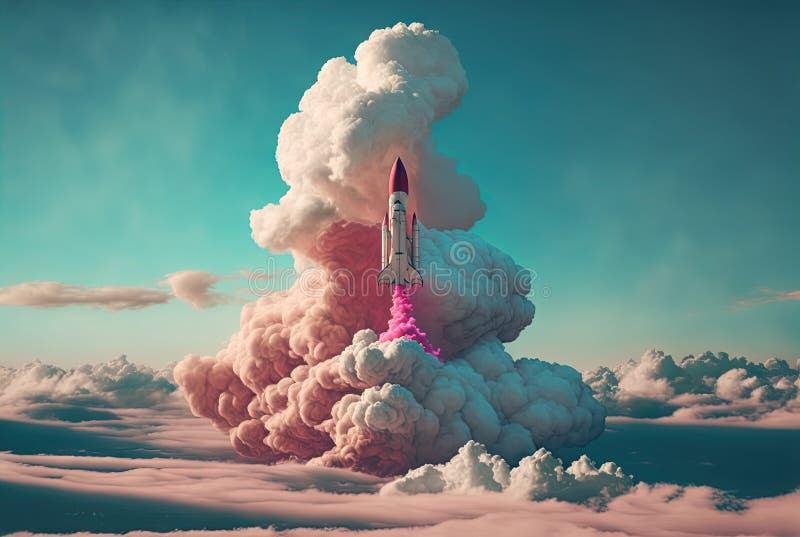 Rocket Launch in the Clouds and Flames. Space Ship Taking Off, Starting ...