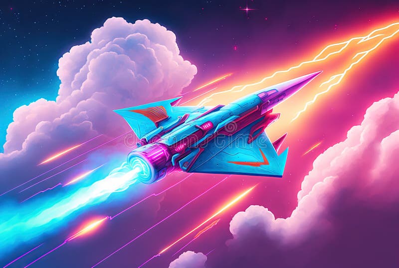 Rocket Launch in the Clouds and Flames. Space Ship Taking Off, Starting ...