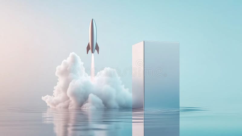 Rocket Launch with Clouds and Monolith Structure Over Water Surface ...