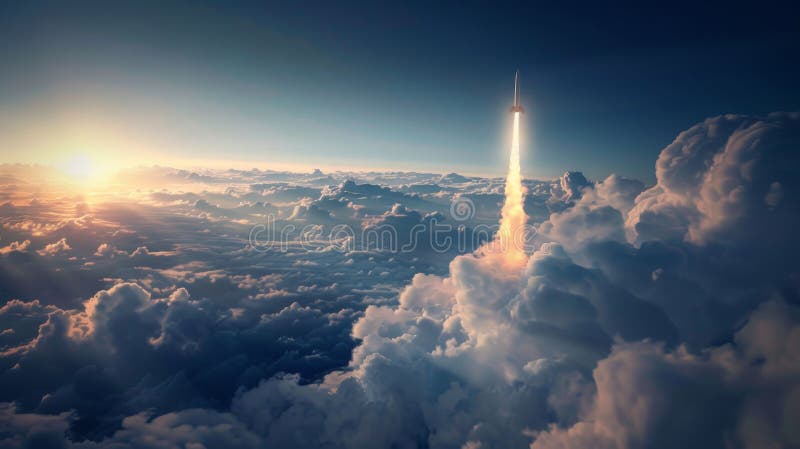 Rocket Launch through Clouds at Sunset - Digital Art Stock Illustration ...
