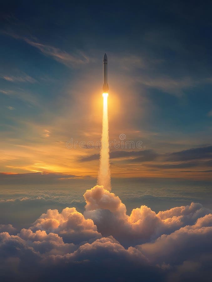 A Rocket Launch through the Clouds at Sunset Symbolizing Ambition ...