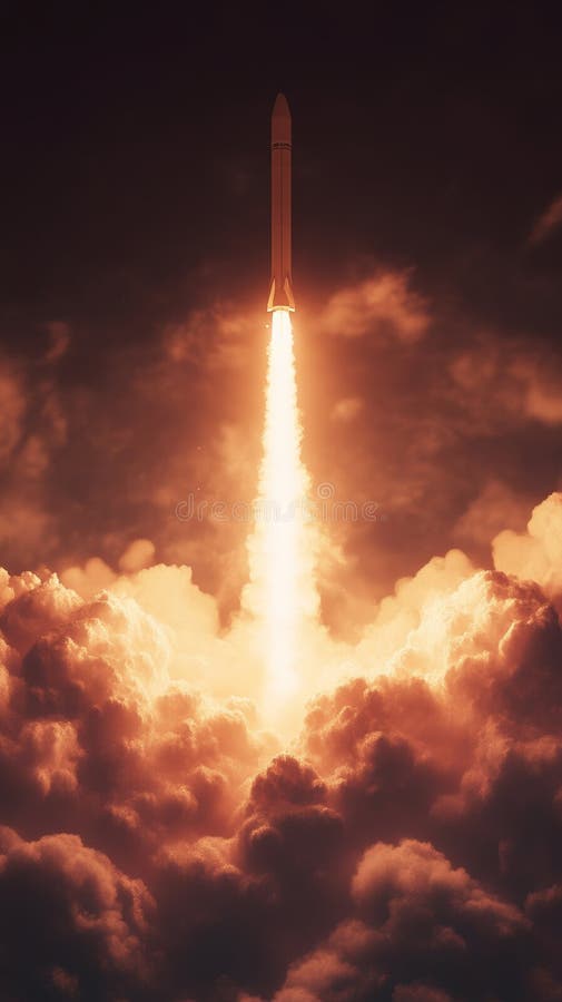 Rocket Launch through Cloudy Sky at Dusk, Space Exploration Concept ...