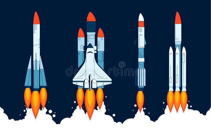 Rocket Launch Collection. Space Craft and Spaceship Engine Start and ...