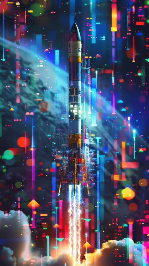 Rocket Launch with Colorful Futuristic Elements, Digital Art Concept ...