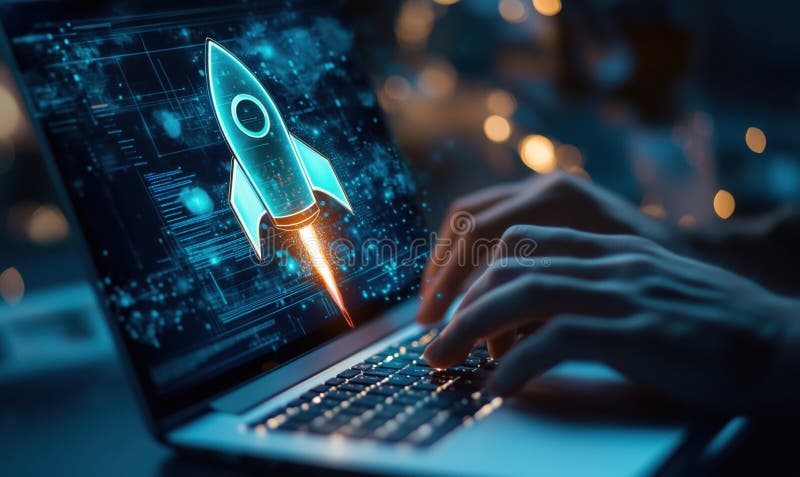 Rocket Launch Concept on Laptop Screen with Hands Typing in Digital ...