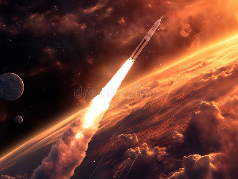 Rocket Launch into Cosmic Sunset Stock Image - Image of journey, clouds ...