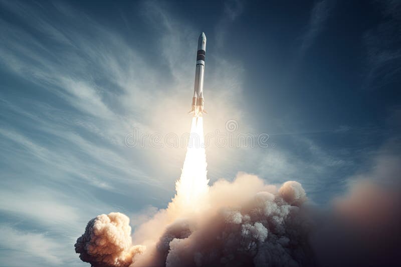 Rocket Launch From Cosmodrome Fight Of Space Rocket In Blue Sky Space
