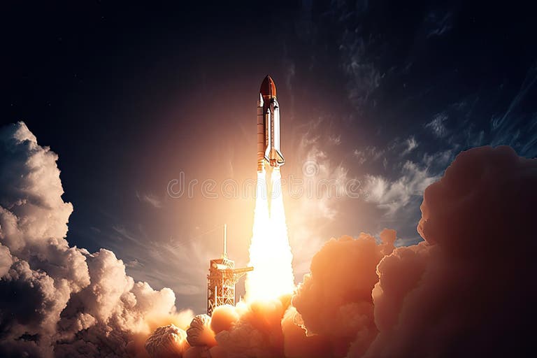 Rocket Launch from Cosmodrome. Fight of Space Rocket in Blue Sky. Space ...