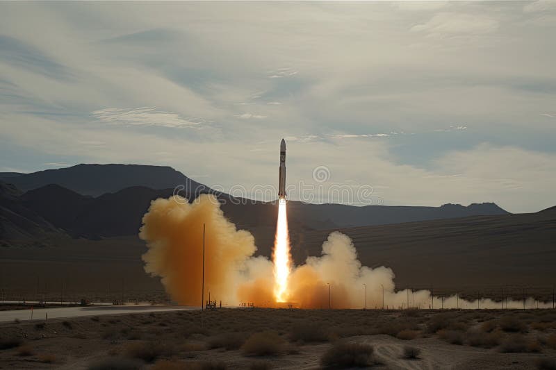 Rocket Launch From Cosmodrome Fight Of Space Rocket In Blue Sky Space