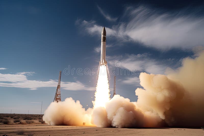 Rocket Launch from Cosmodrome. Fight of Space Rocket in Blue Sky. Space ...