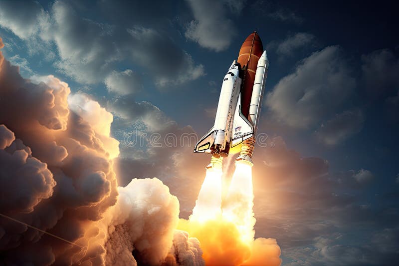 Rocket Launch From Cosmodrome Fight Of Space Rocket In Blue Sky Space