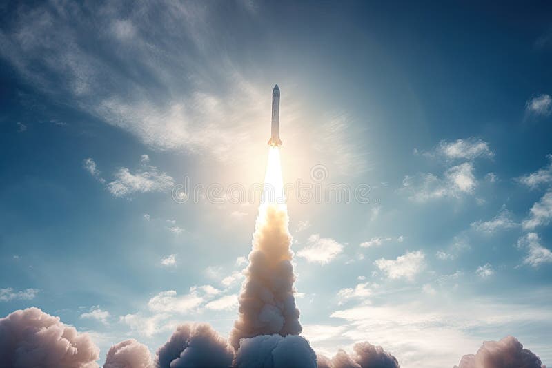 Rocket Launch from Cosmodrome. Fight of Space Rocket in Blue Sky. Space ...