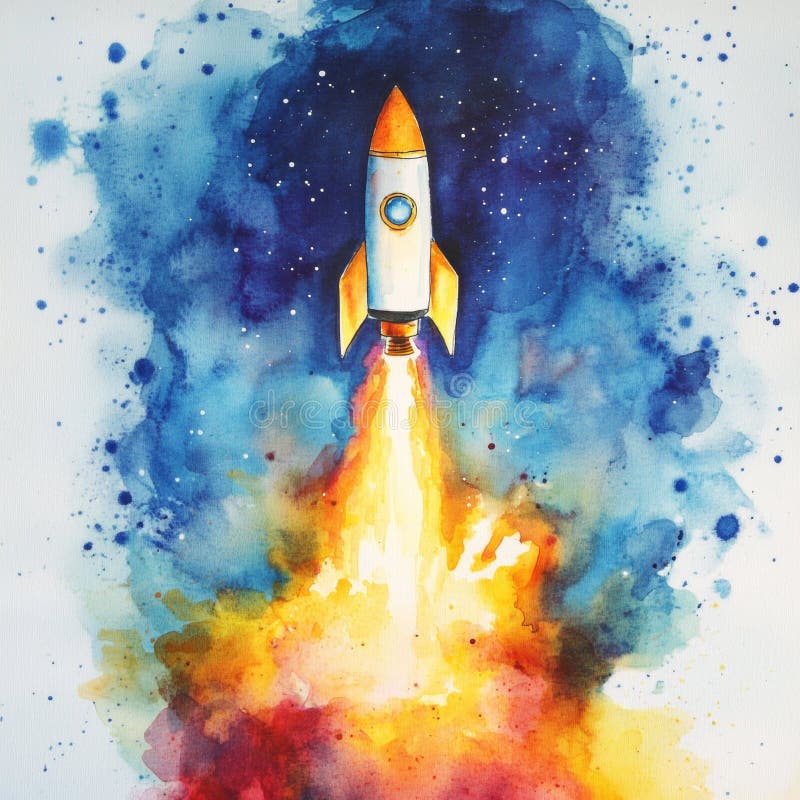 Rocket Launch into the Cosmos: Watercolor Art Stock Illustration ...