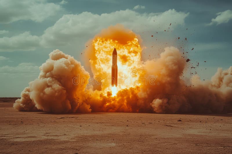 Rocket Launch Creates Large Explosion with Smoke and Fire in a Clear ...