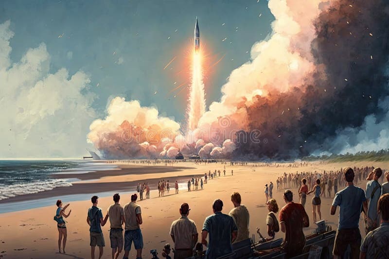 Rocket Launch from Crowded Beach, with People Gathered To Watch the ...