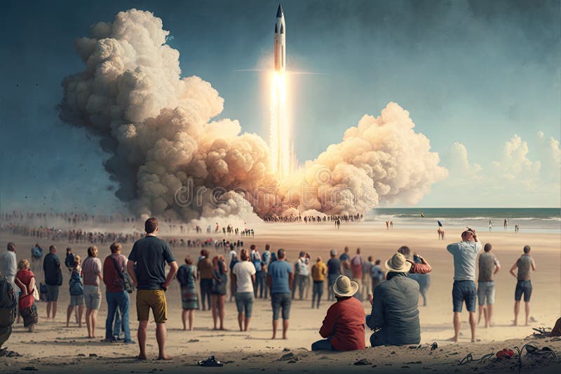 Rocket Launch from Crowded Beach, with People Gathered To Watch the ...