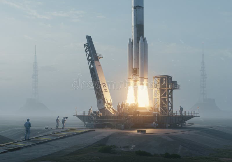 Rocket Launch at Dawn: a Futuristic Space Mission Stock Illustration ...