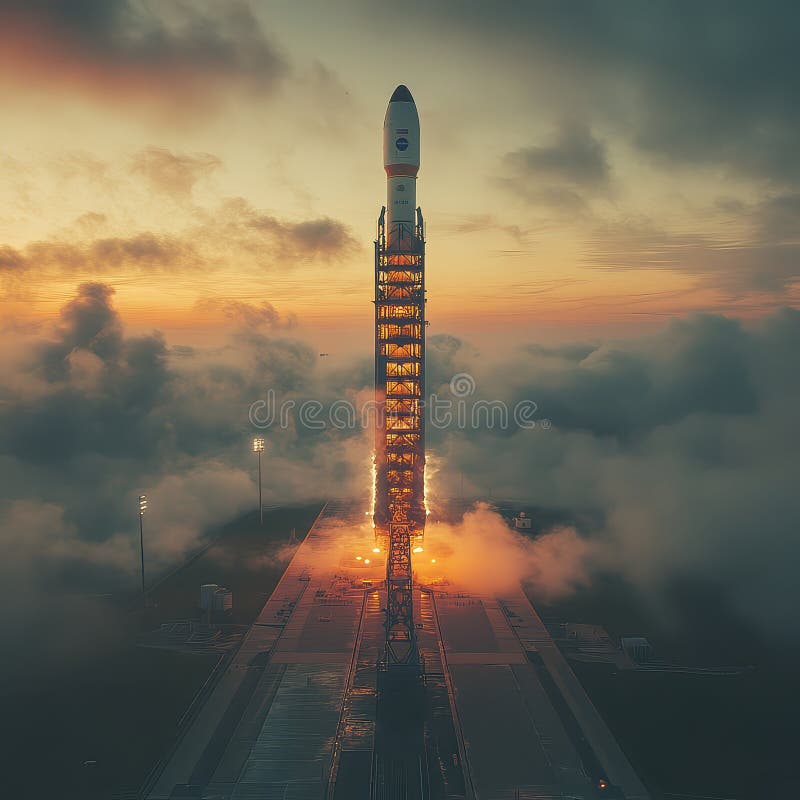 Rocket Launch in Dawn Light with Thrusters Igniting into Sky Stock ...