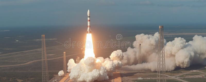 Rocket Launch at Dawn from a Remote Space Facility with Smoke and Fire ...