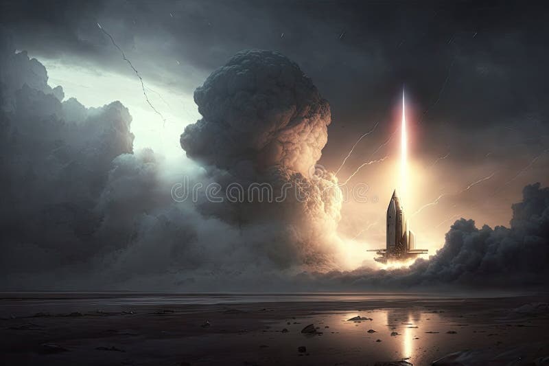 Rocket Launch in Dense, Stormy Atmosphere with Lightning and Thunder ...