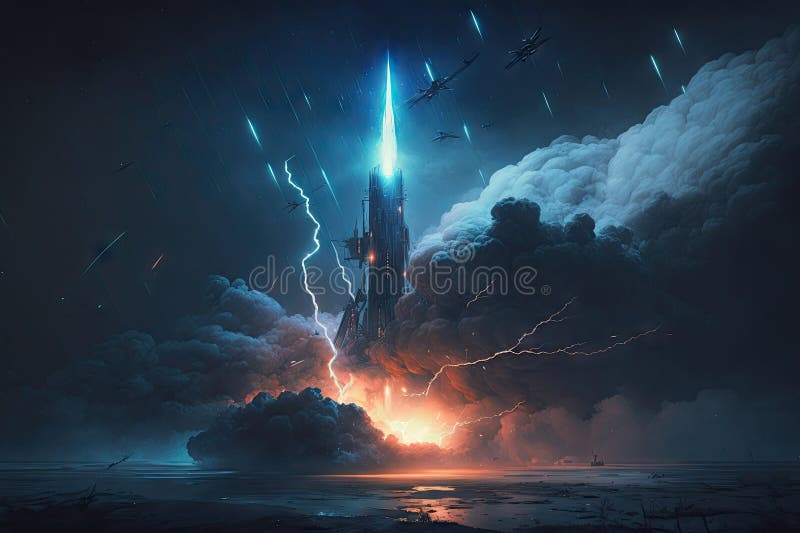 Rocket Launch in Dense, Stormy Atmosphere with Lightning and Thunder ...
