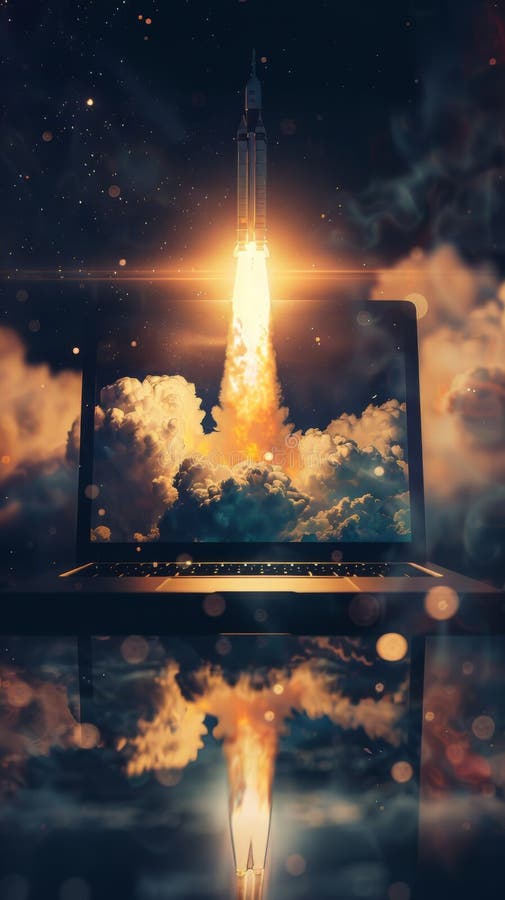 Rocket Launch Depicted from Laptop Screen Stock Image - Image of ...