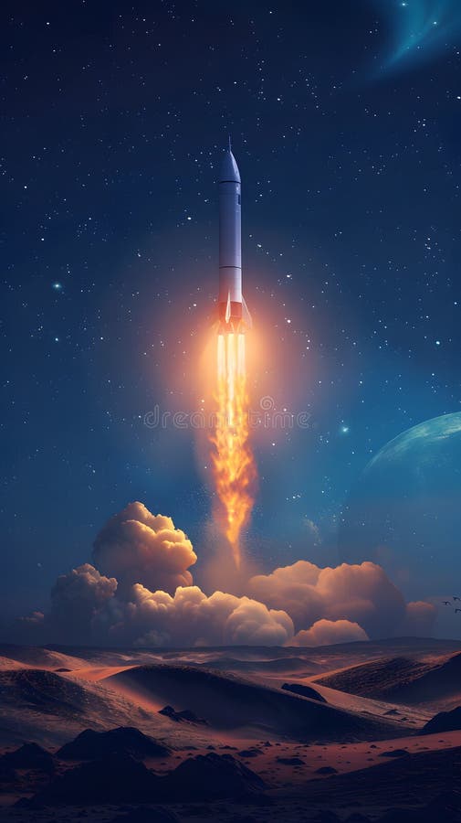 Rocket Launch in Desert Landscape Under Starry Night Sky Stock Image ...