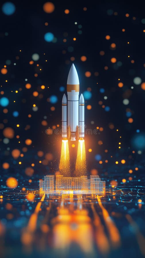 Rocket Launch with Digital Background Stock Illustration - Illustration ...