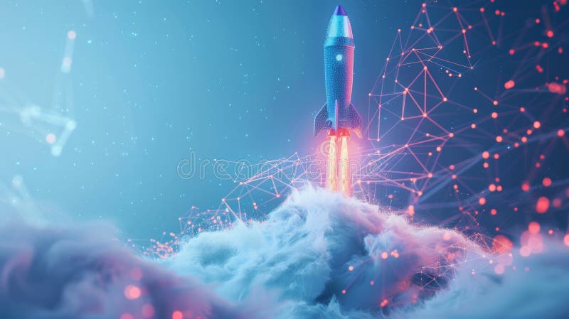 Rocket Launch with Digital Grid and Clouds, Futuristic Technology ...