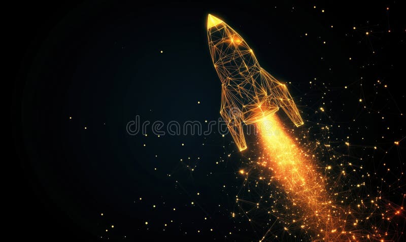 Rocket Launch in Digital Space, Glowing Lines and Particles Creating a ...