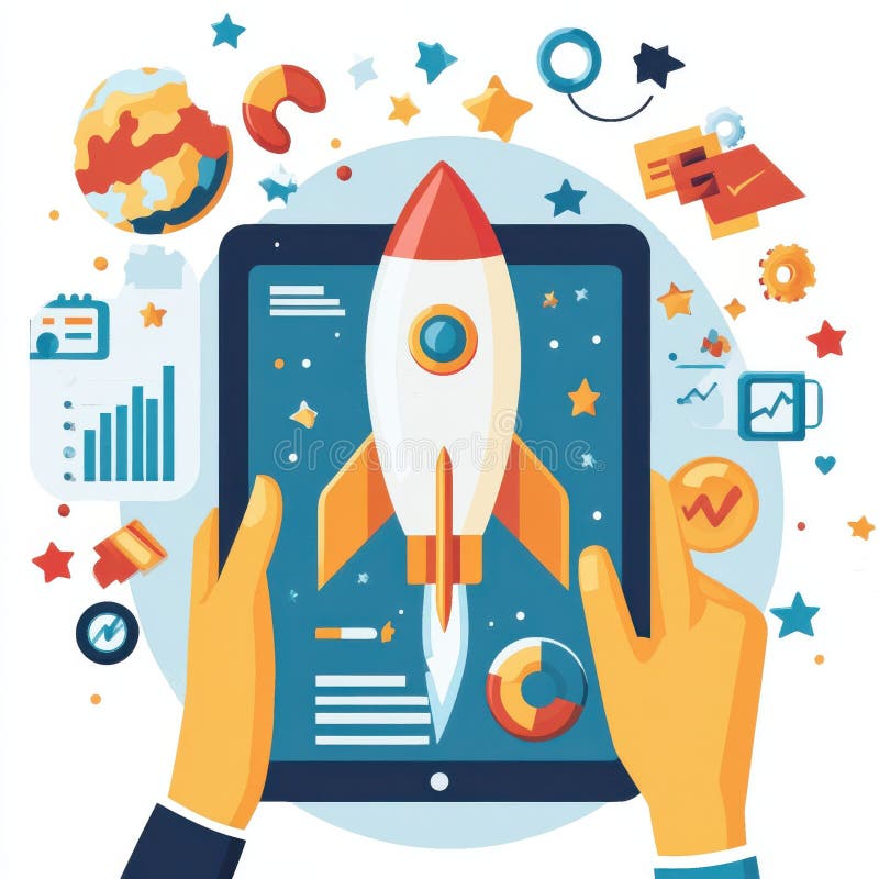 Rocket Launch on Digital Tablet Business Startup Success Isolated on ...