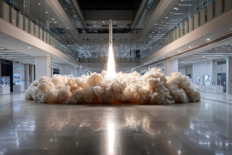 Rocket Launch Display Creating Dramatic Smoke in Modern Exhibition Hall ...