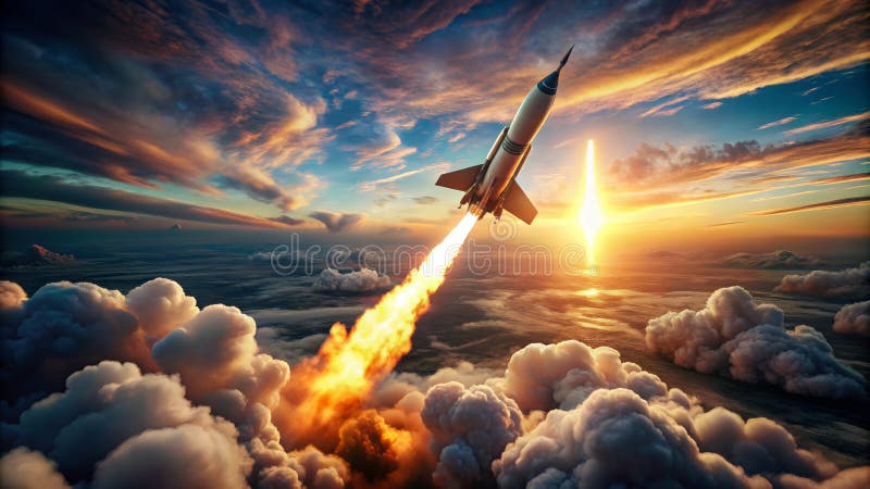 Rocket Launch through Dramatic Sunset Clouds, Digital Art, Rocket ...