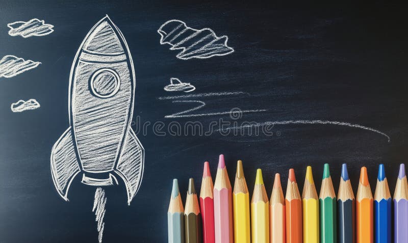 Rocket Launch Drawing with Colorful Pencils on Chalkboard Background ...