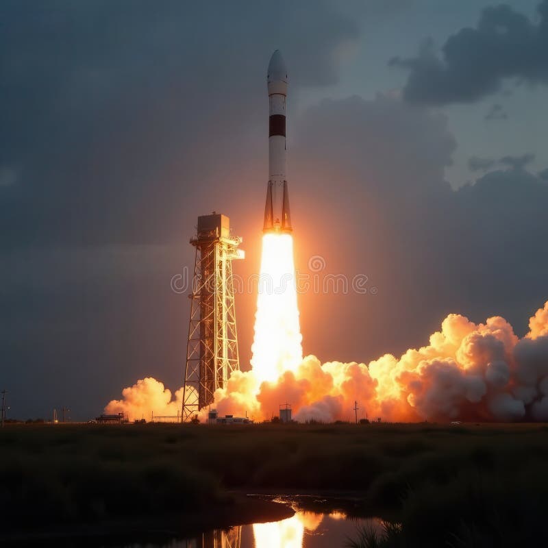 Rocket Launch at Dusk with Bright Flames and Smoke Stock Image - Image ...