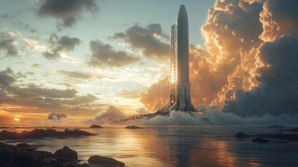 Rocket Launch at Dusk with Dramatic Clouds and Reflections in the Water ...