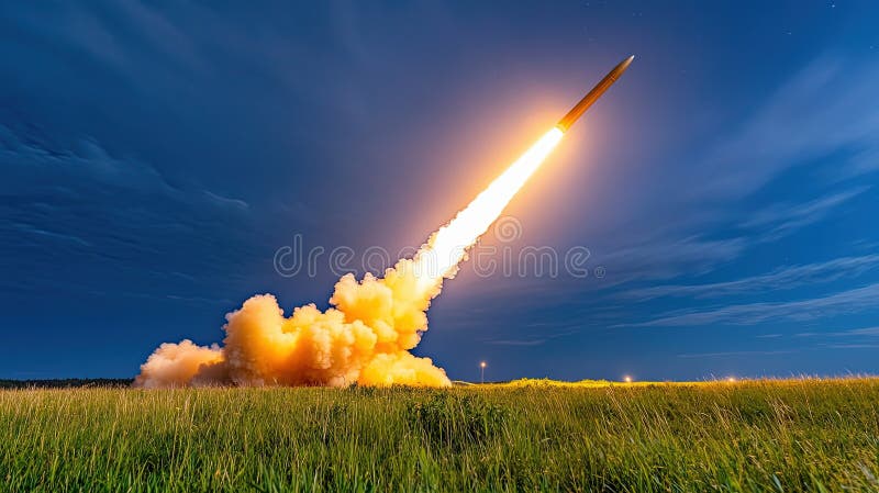 Rocket Launch at Dusk Surrounded by Green Fields and Blue Sky Stock ...
