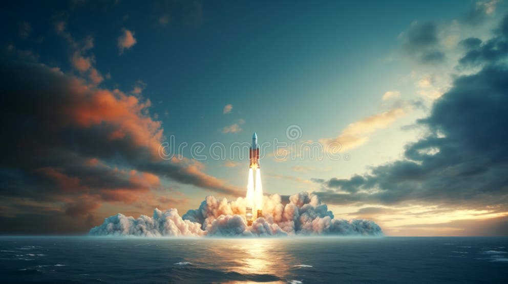 Rocket Launch from Earth. Rocket Ascending Over Sea at Sunrise with ...