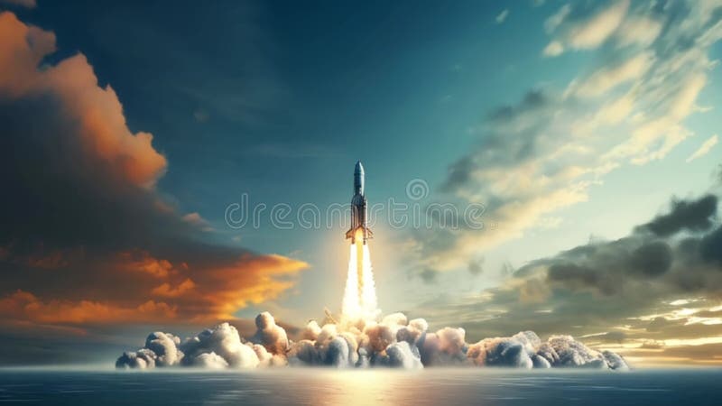 Rocket Launch from Earth. Rocket Ascending Over Sea at Sunrise with ...