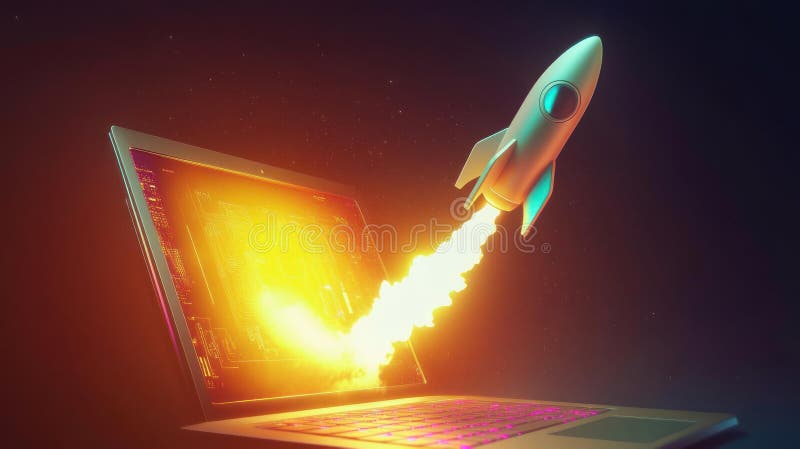 Rocket Launch Emerging from Laptop Screen Concept Stock Illustration ...